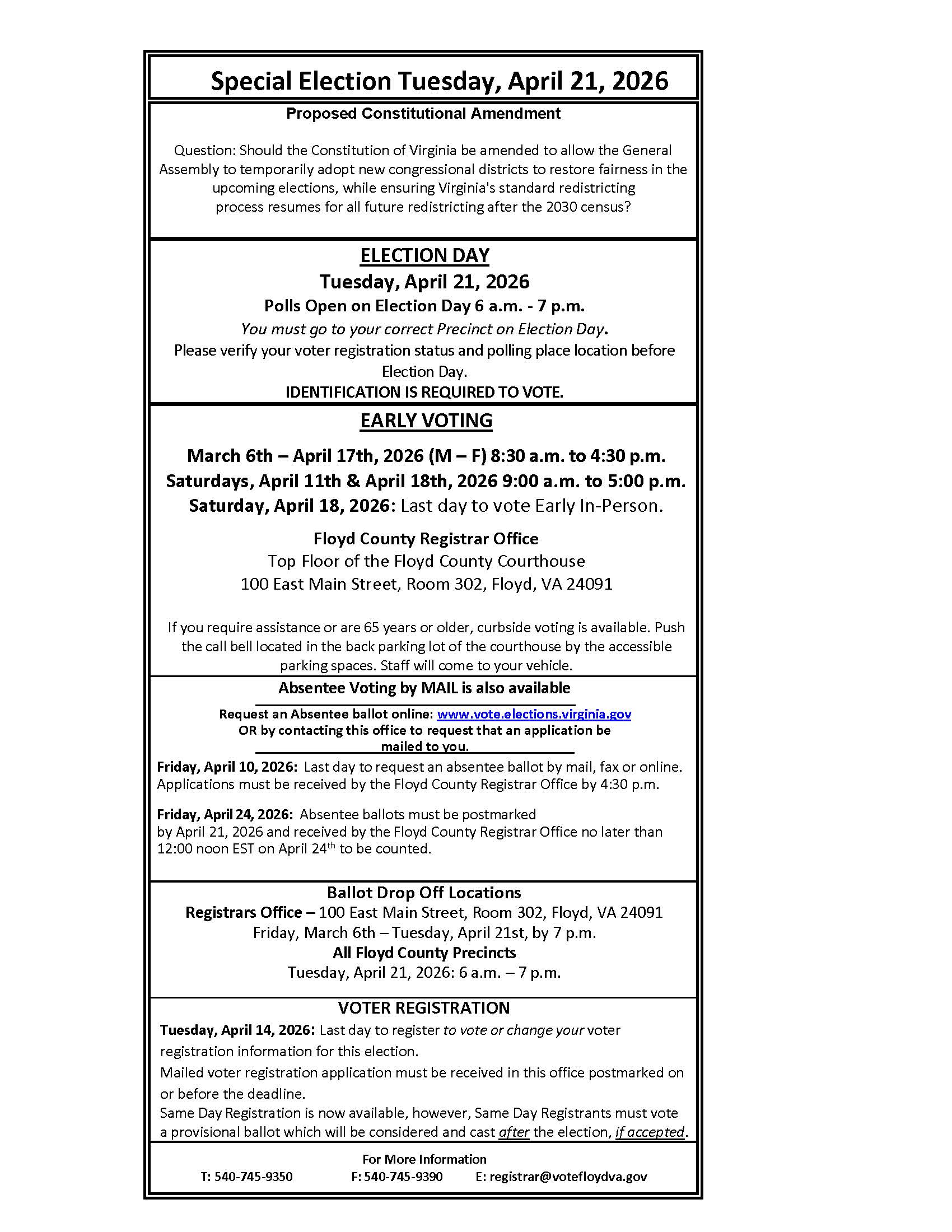Special Election April 21, 2026 - Floyd County Office of Elections